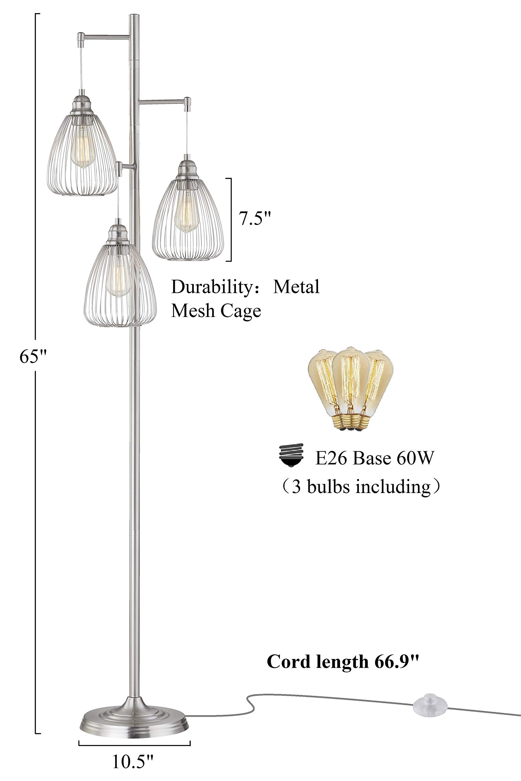 Floor Lamp, Industrial Rustic Standing Lamp with 3 Elegant Teardrop Cage Shade, Modern Tall Floor Lamps for Living Room with 3 Edison Bulbs, Minimalist Pole Floor Light for Home Office - Chrome