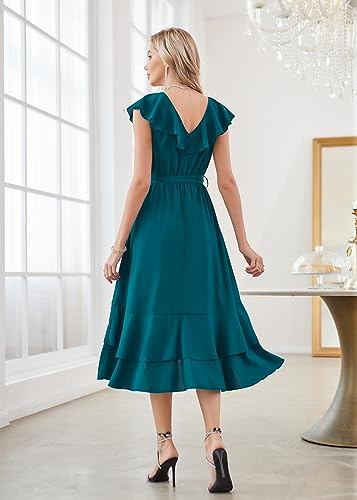 GRACE KARIN Wrap V Neck Long Bridesmaid Dresses for Wedding Sleeveless Ruffle Chiffon Formal Evening Party Dresses Blue Green