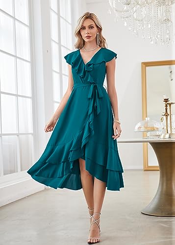 GRACE KARIN Wrap V Neck Long Bridesmaid Dresses for Wedding Sleeveless Ruffle Chiffon Formal Evening Party Dresses Blue Green