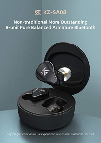 KZ SA08 TWS True Wireless Bluetooth 5.0 Earbuds with Mic, 8BA HiFi Stereo in Ear Earphones, Physical Passive Noise Reduction Hedsets Headphones for Call Phone/Game/Music (Black)
