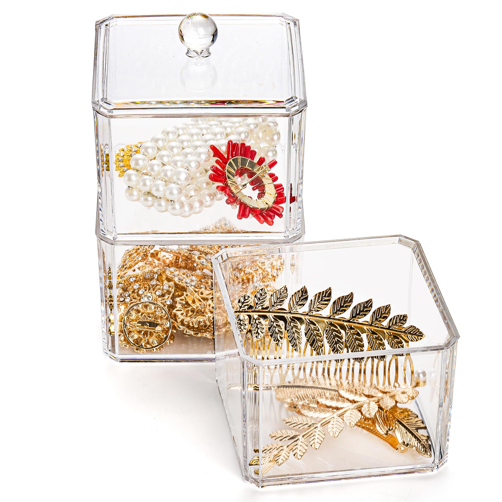 Hiceeden 9 Pieces Square Hair Accessories Organizer with Lid, Stackable Acrylic Bathroom Containers Cotton Ball Pad Qtip Holder, Clear Hair Tie Organizer Storage for Girls Bow Headband Jewelry