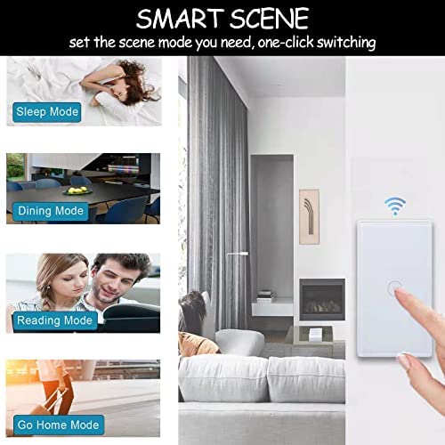 WiFi Smart Light Touch Wall Switch Works with Alexa and Google Home Neutral Wire Required, No Gateway Required. Connect to The Smart Life Tuya App.Us Standard Electrical Light Switches (1 Gang White)