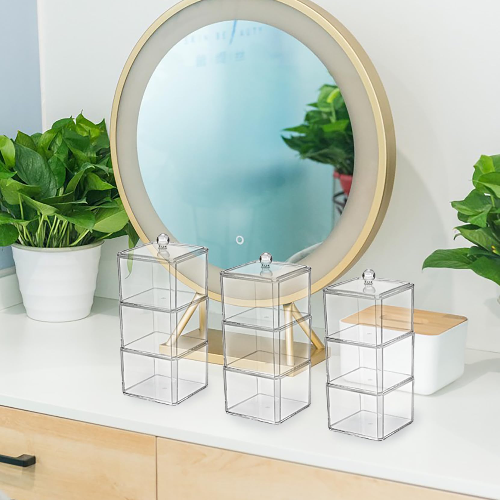 Hiceeden 9 Pieces Square Hair Accessories Organizer with Lid, Stackable Acrylic Bathroom Containers Cotton Ball Pad Qtip Holder, Clear Hair Tie Organizer Storage for Girls Bow Headband Jewelry