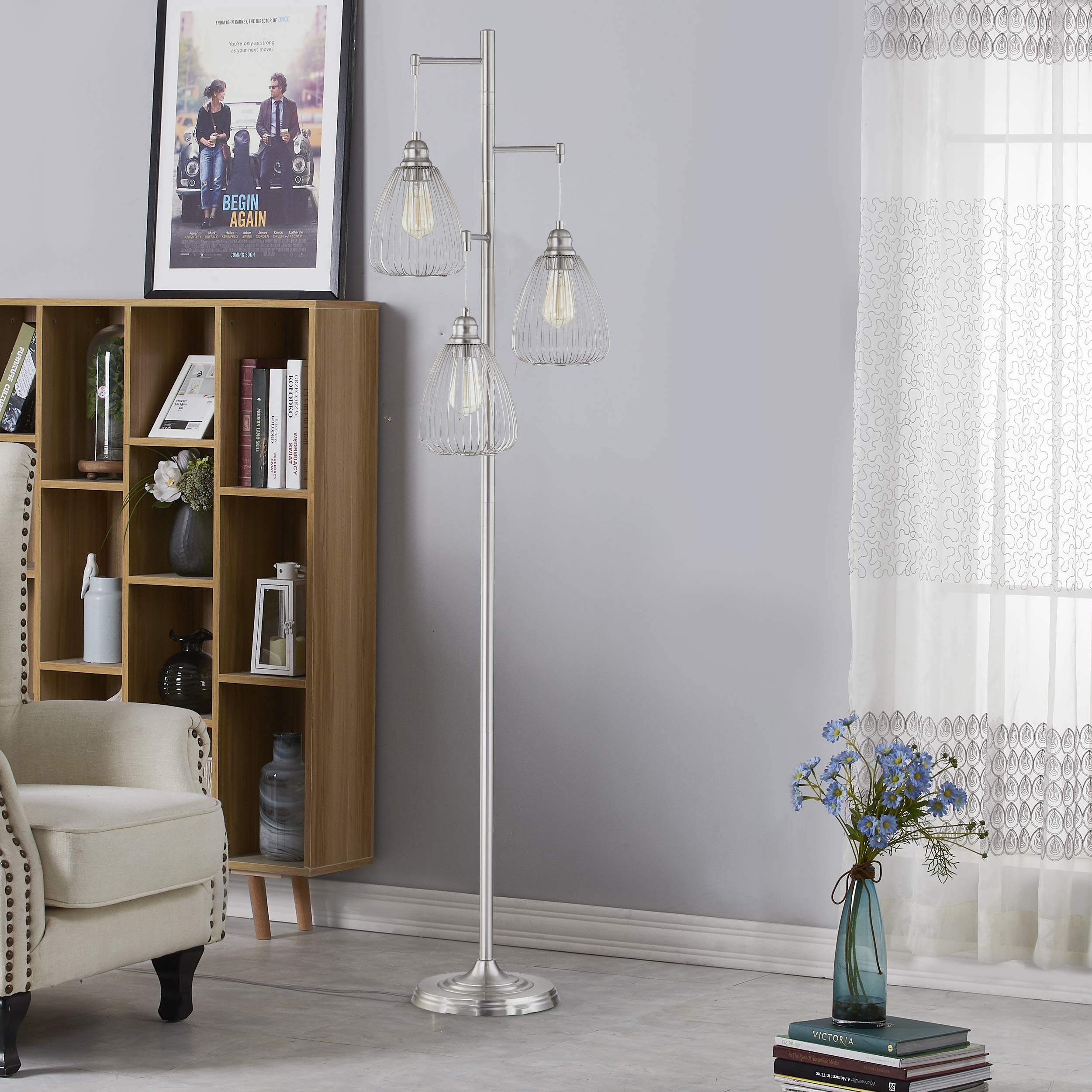 Floor Lamp, Industrial Rustic Standing Lamp with 3 Elegant Teardrop Cage Shade, Modern Tall Floor Lamps for Living Room with 3 Edison Bulbs, Minimalist Pole Floor Light for Home Office - Chrome