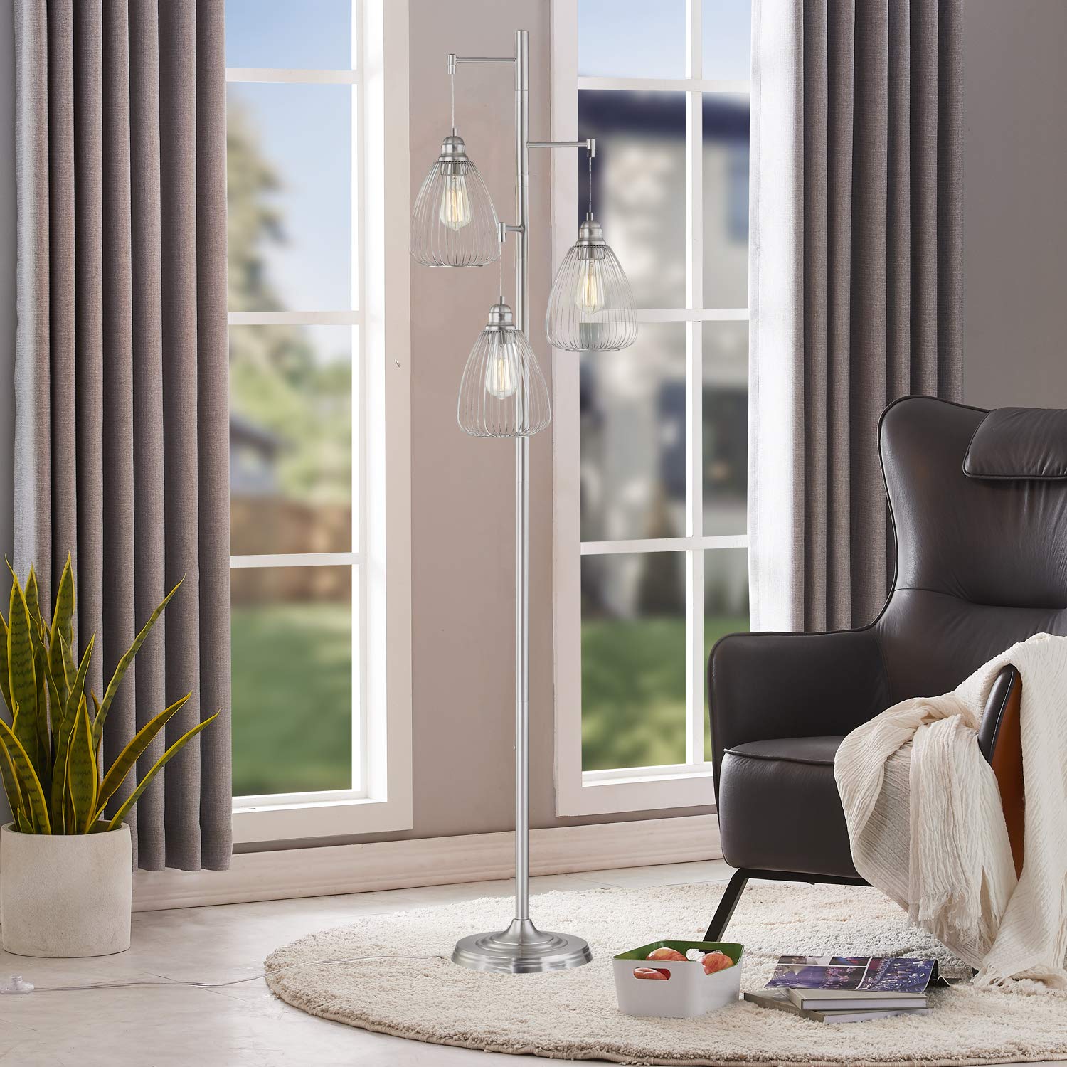 Floor Lamp, Industrial Rustic Standing Lamp with 3 Elegant Teardrop Cage Shade, Modern Tall Floor Lamps for Living Room with 3 Edison Bulbs, Minimalist Pole Floor Light for Home Office - Chrome