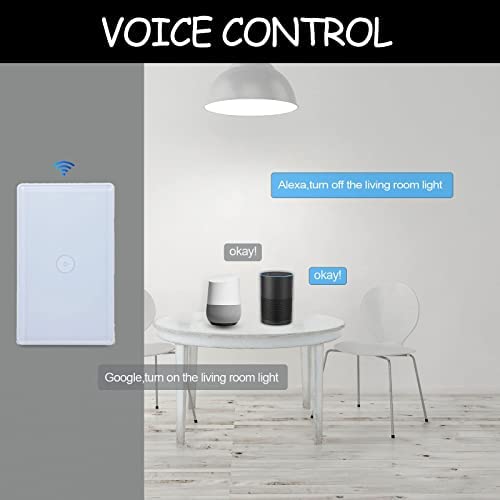 WiFi Smart Light Touch Wall Switch Works with Alexa and Google Home Neutral Wire Required, No Gateway Required. Connect to The Smart Life Tuya App.Us Standard Electrical Light Switches (1 Gang White)