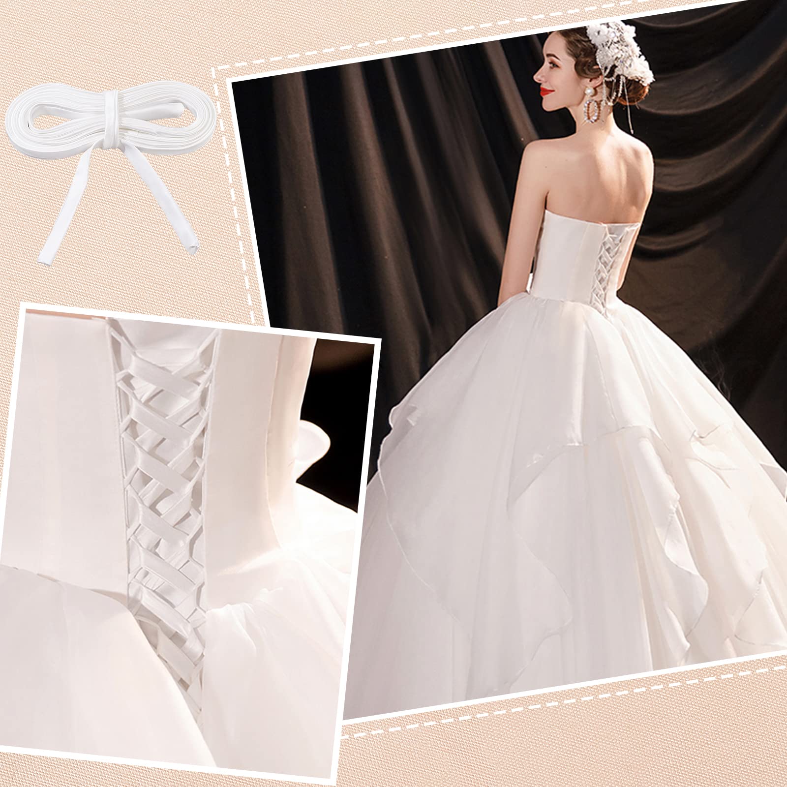 AHANDMAKER 137.8 Inches Women's Tie Back for Wedding Bridal Gown, White Adjustable Lace up Dress Cord Back for Zipper Replacement or Buttons