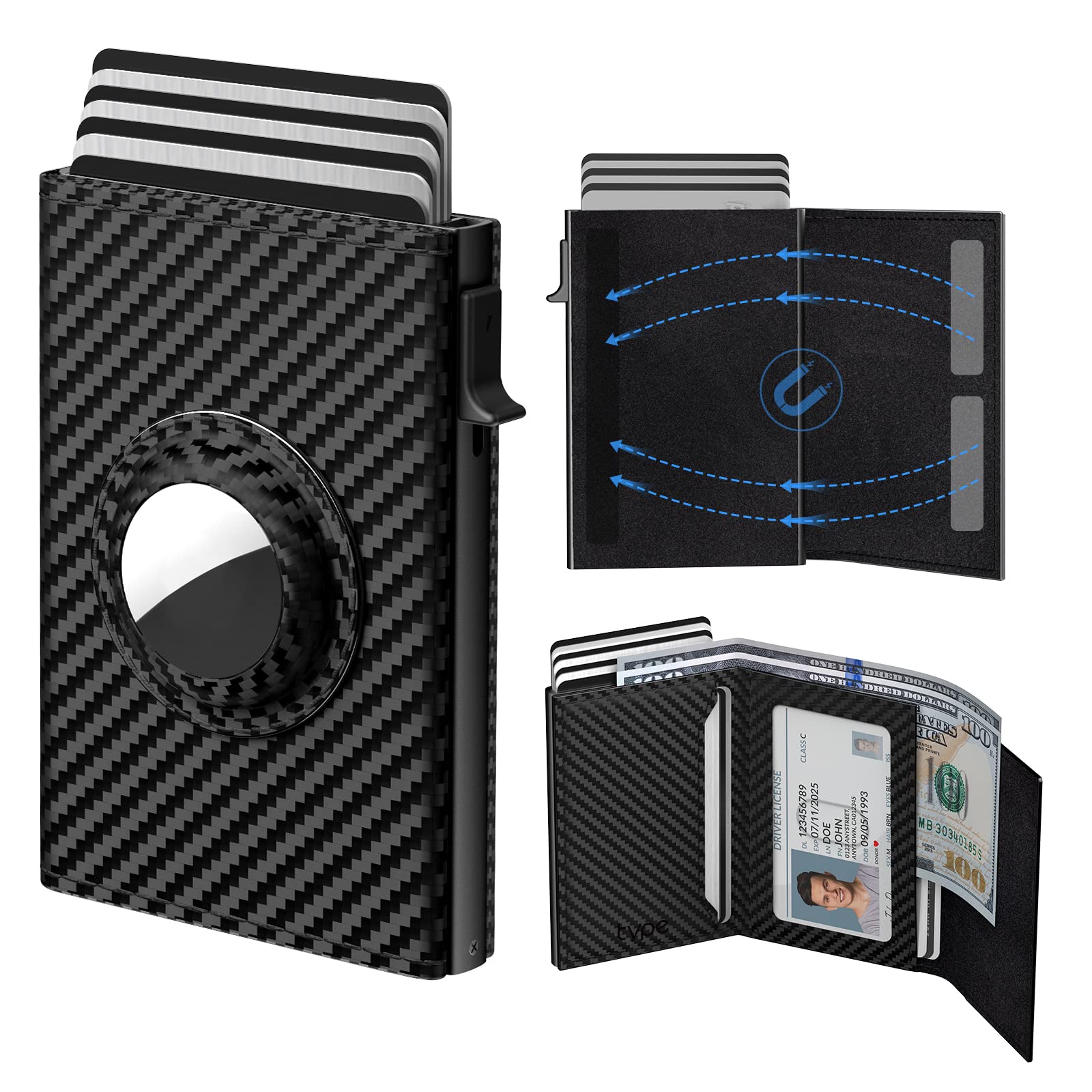 typecase Mens Pop Up Wallet for AirTag: Secure Holder for Apple Air Tag, Premium Genuine Leather, RFID Blocking, Smart, Slim, Minimalist, Carbon Fiber - 9-14 Card Capacity | ID Window | Cash Slot