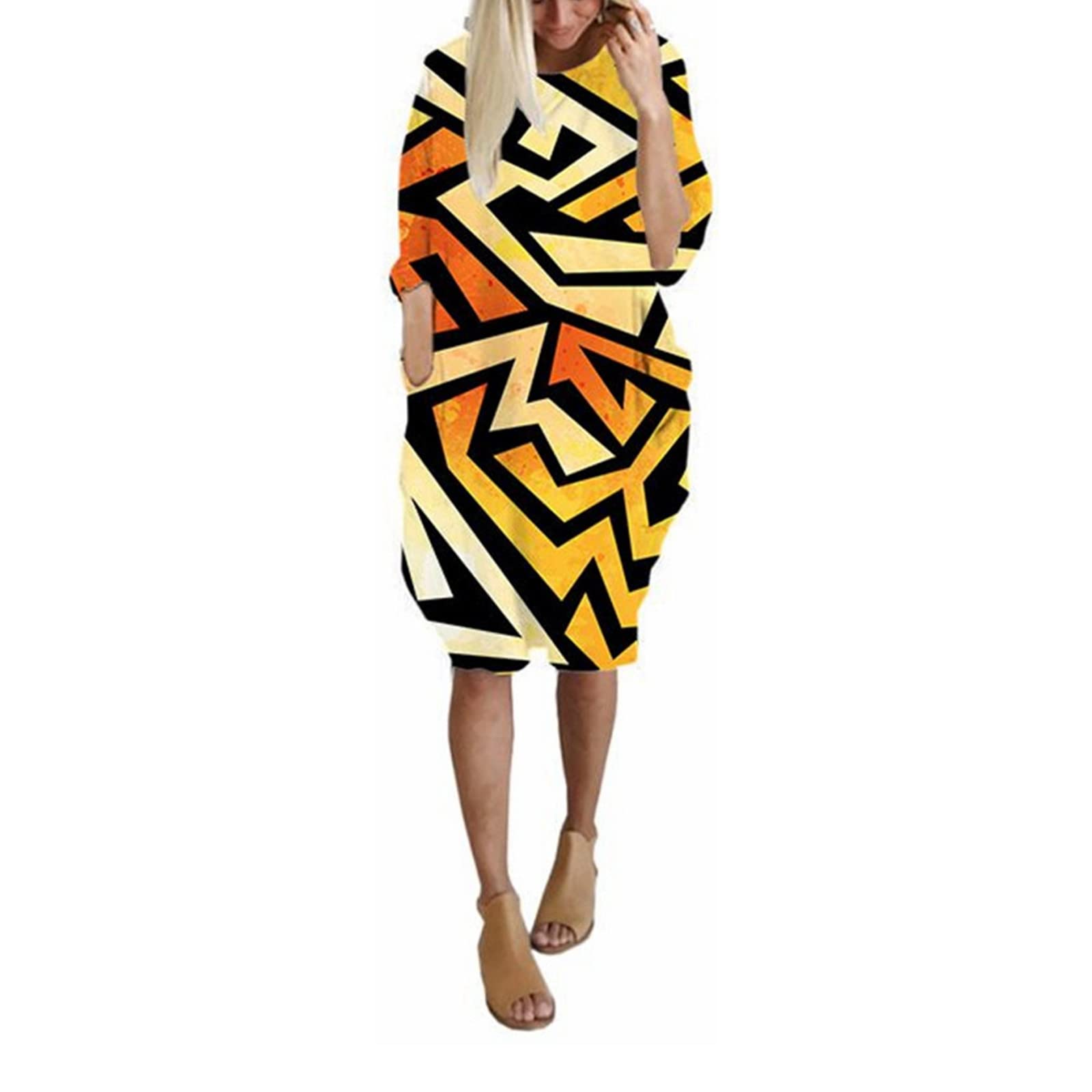 A Line Dresses for Women Wedding Guest Crew Neck Loose Colorful Diamond Print Half Long Sleeved Dress Casual Pocket