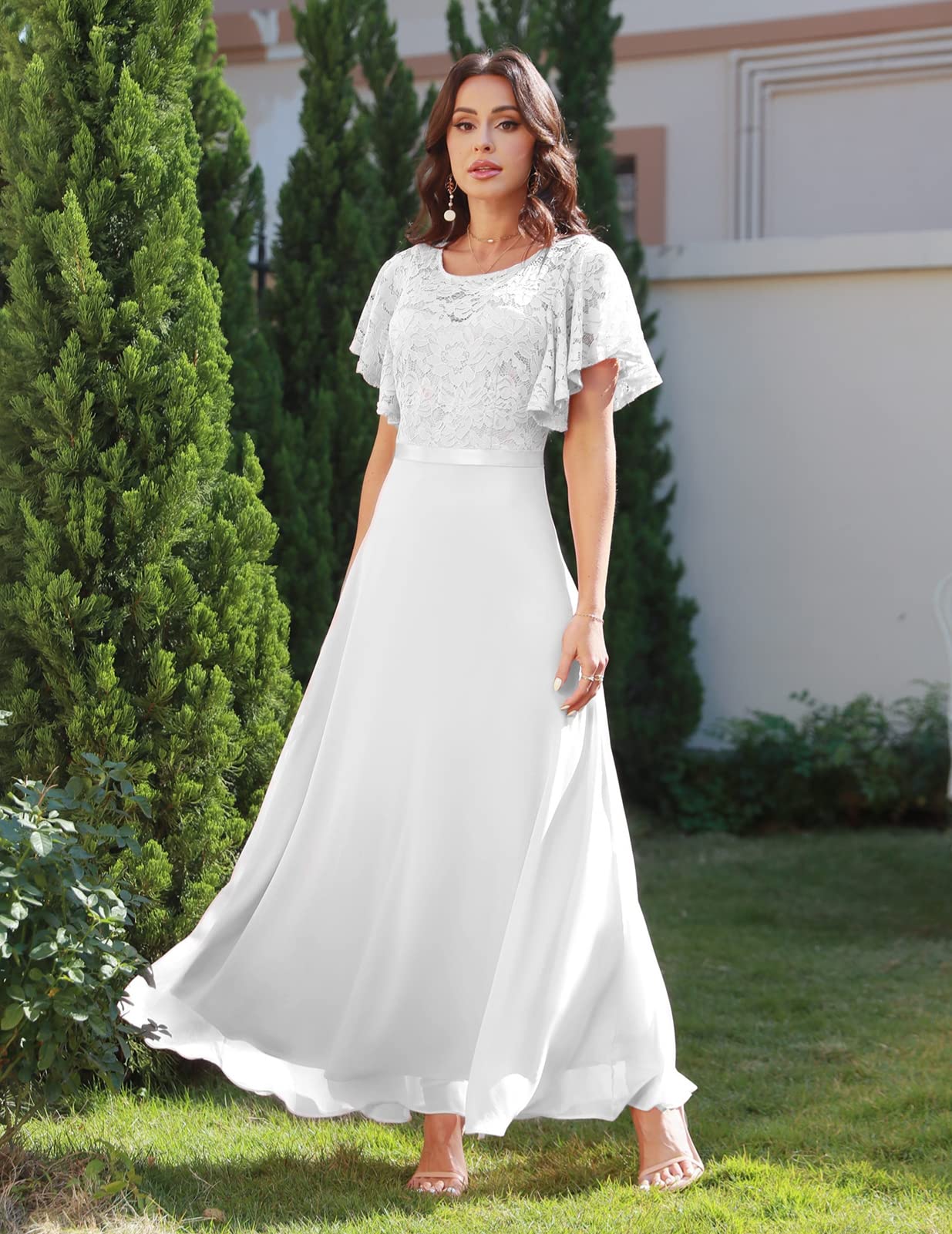 DRESSTELLS Chiffon Formal Wedding Guest Dresses for Women, Romantic V-Back Short Sleeve Maxi Bridesmaid Prom Party Evening Cocktail Dress for Teens, 2025 Spring, White S