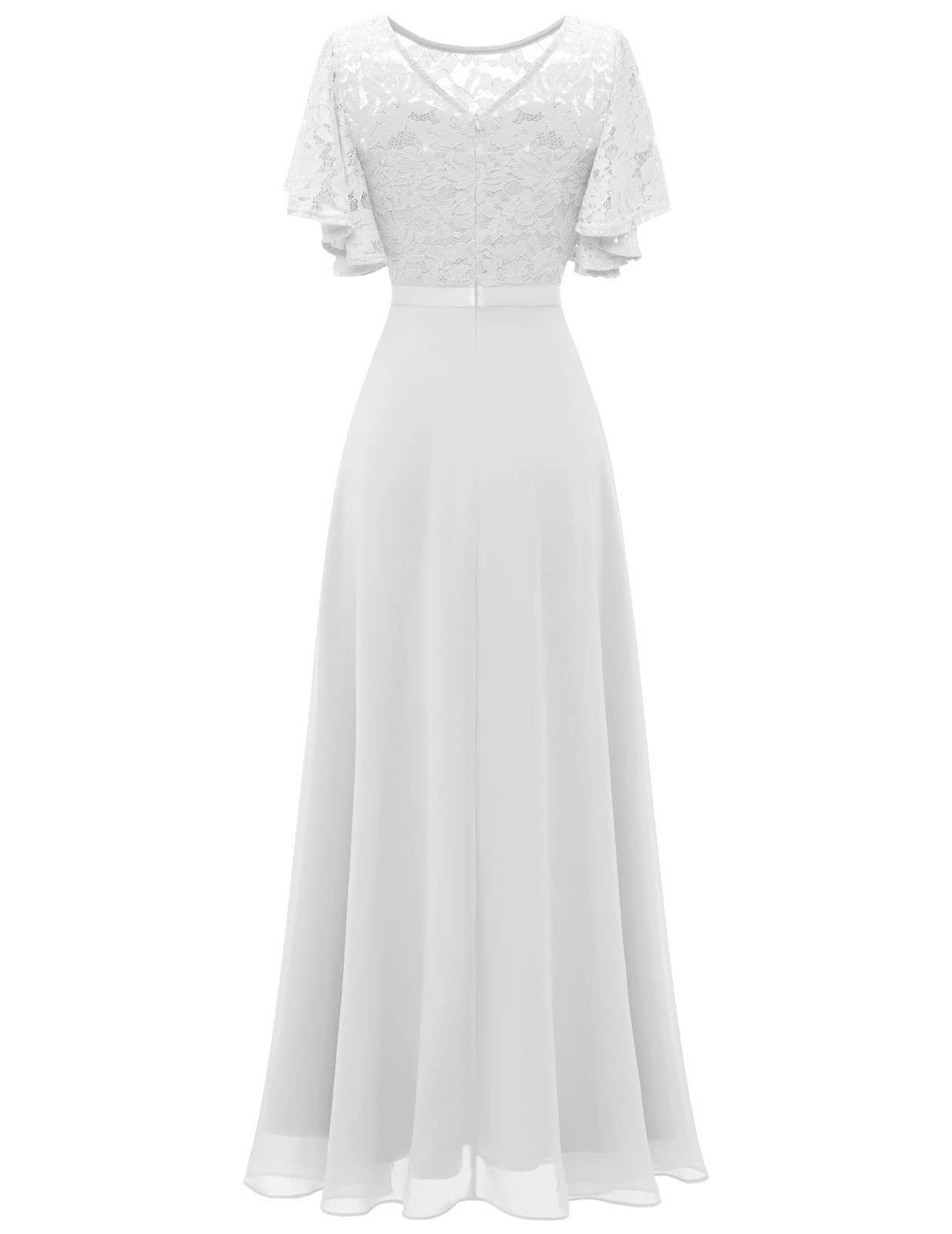DRESSTELLS Chiffon Formal Wedding Guest Dresses for Women, Romantic V-Back Short Sleeve Maxi Bridesmaid Prom Party Evening Cocktail Dress for Teens, 2025 Spring, White S