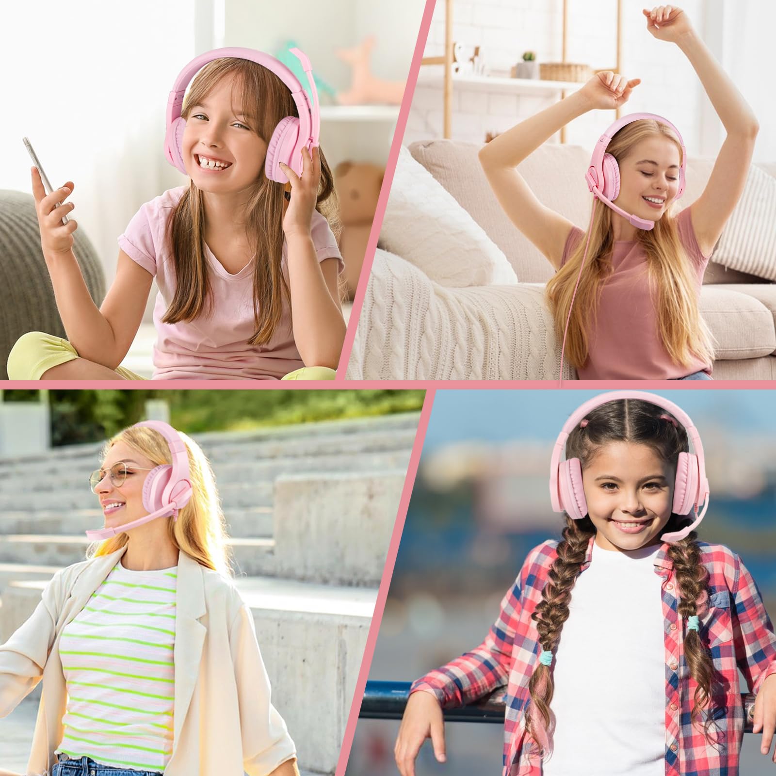 Pink Gaming Headset for Nintendo Switch, PS4, Xbox One,Laptop,PC,Tablets,Phones with Noise Cancelling Adjustable Mic, Soft Earmuffs Surround Sound 3.5mm Over Ear Headphones for Kids Teens Adults