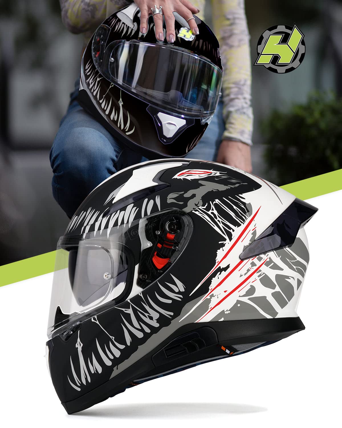 HAX Full Face Motorcycle DOT Approved Helmet with Dual Rear Wing and Pinlock Ready - Lightweight and Durable Motorbike Street Bike Helmet for Adults (Impulse Devour Black,XL)