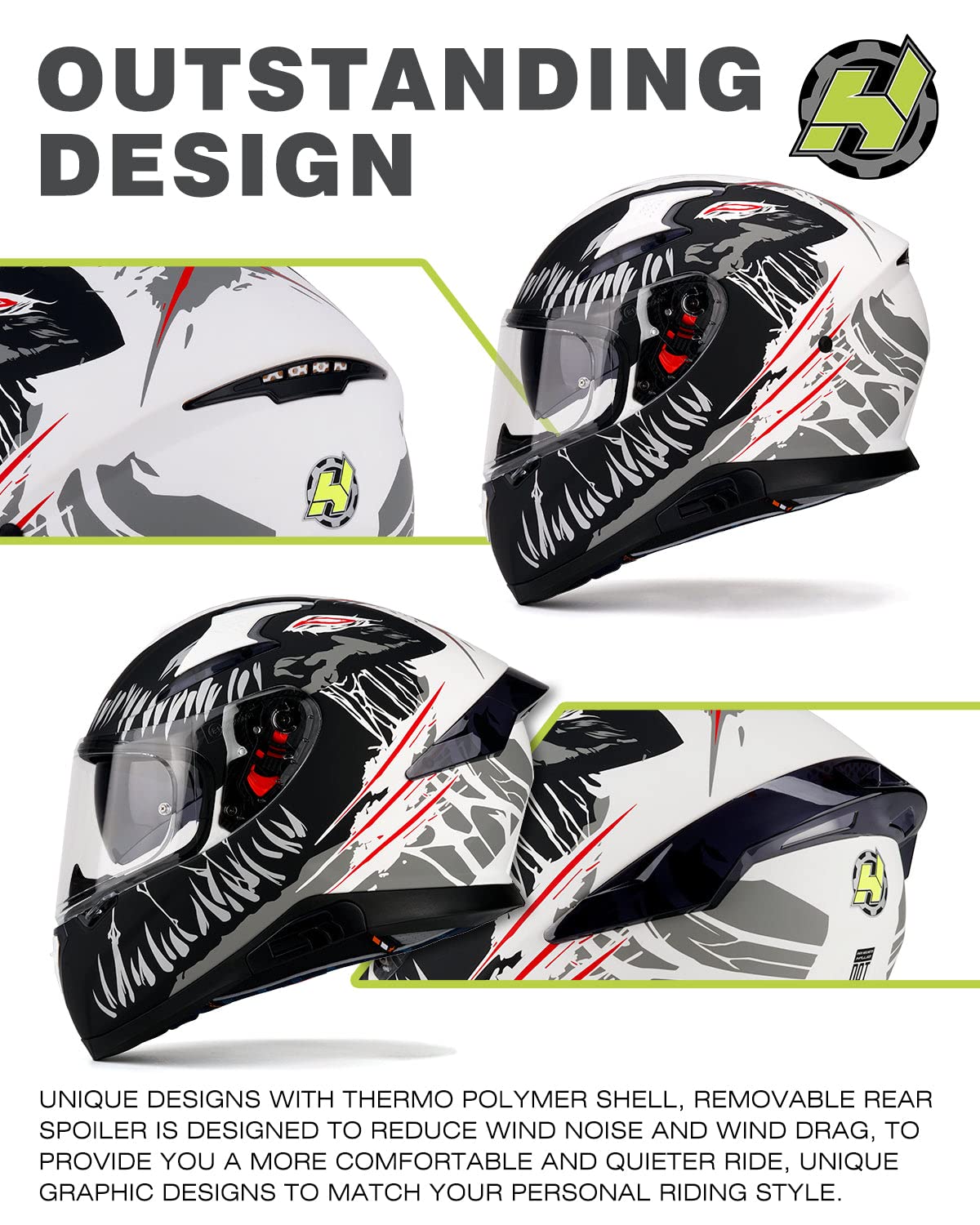 HAX Full Face Motorcycle DOT Approved Helmet with Dual Rear Wing and Pinlock Ready - Lightweight and Durable Motorbike Street Bike Helmet for Adults (Impulse Devour Black,XL)