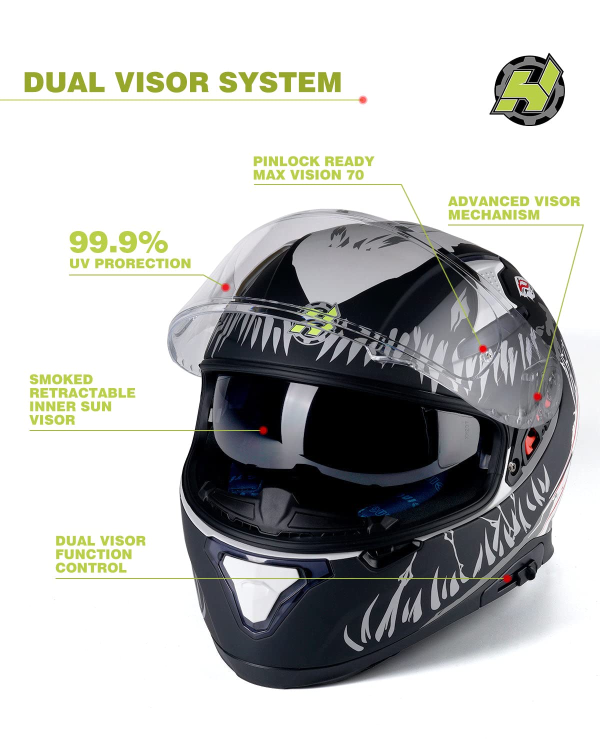 HAX Full Face Motorcycle DOT Approved Helmet with Dual Rear Wing and Pinlock Ready - Lightweight and Durable Motorbike Street Bike Helmet for Adults (Impulse Devour Black,XL)