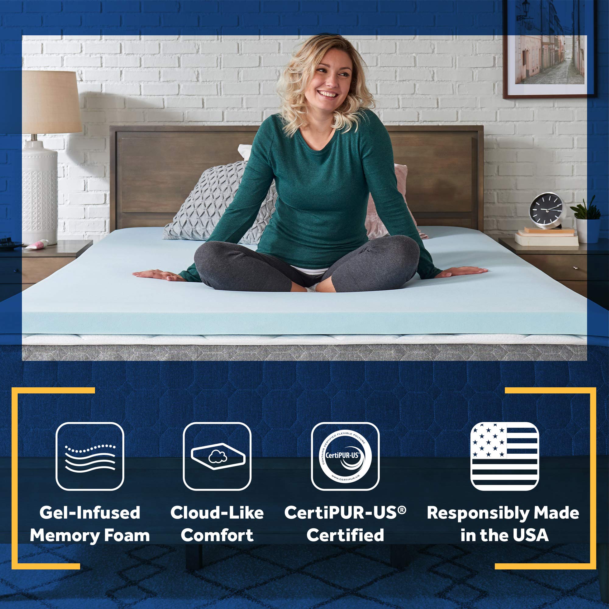 Sealy TrueForm 2 Inch Full Memory Foam Mattress Topper, Gel Infused Technology Contours to Body, Moisture Wicking Fabric for Cooling Sleep, Blue