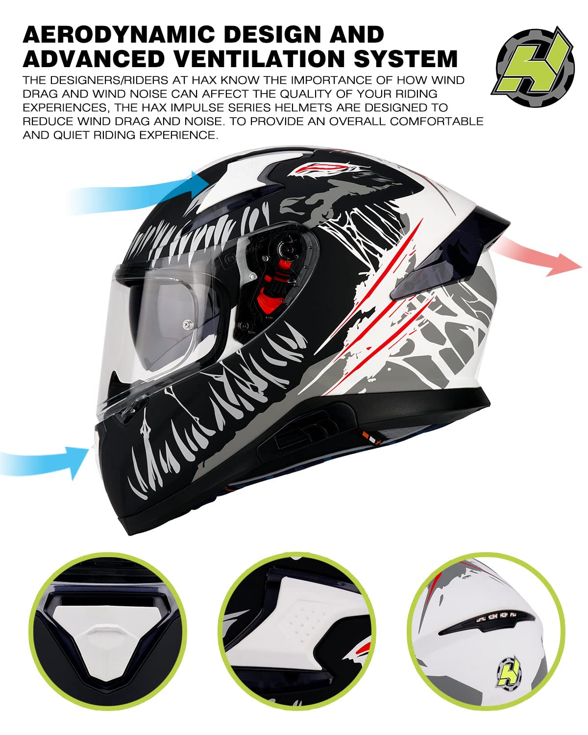 HAX Full Face Motorcycle DOT Approved Helmet with Dual Rear Wing and Pinlock Ready - Lightweight and Durable Motorbike Street Bike Helmet for Adults (Impulse Devour Black,XL)