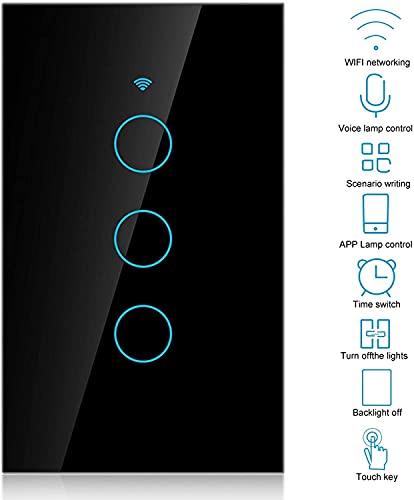 Smart WiFi Touch Switch Mobile Phone app Wireless Remote Control Wall lamp RF433 Glass Panel Supports Alexa & Google Home with LED Indicator Life/Tuya Application, Black, s010, 1way