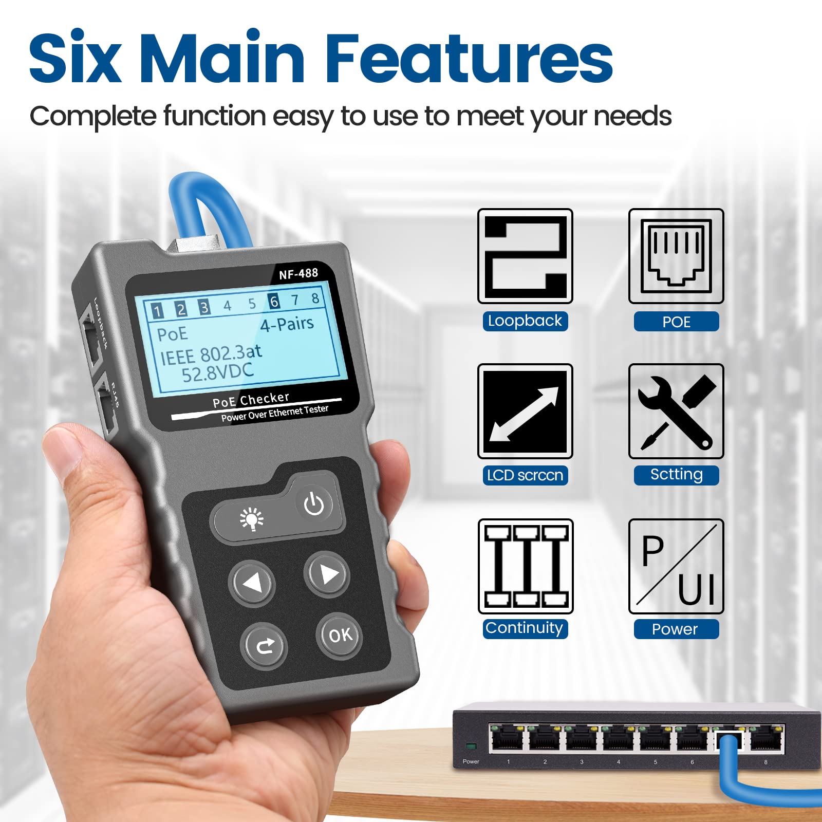 RJ45 Network Cable Tester, VXSCAN Multifunction Poe Ethernet Cable Tester Kit for CAT5e/CAT6/CAT6a, Network Cable Continuity Tester DC Power & Switch Loop-Back Test Poe Checker