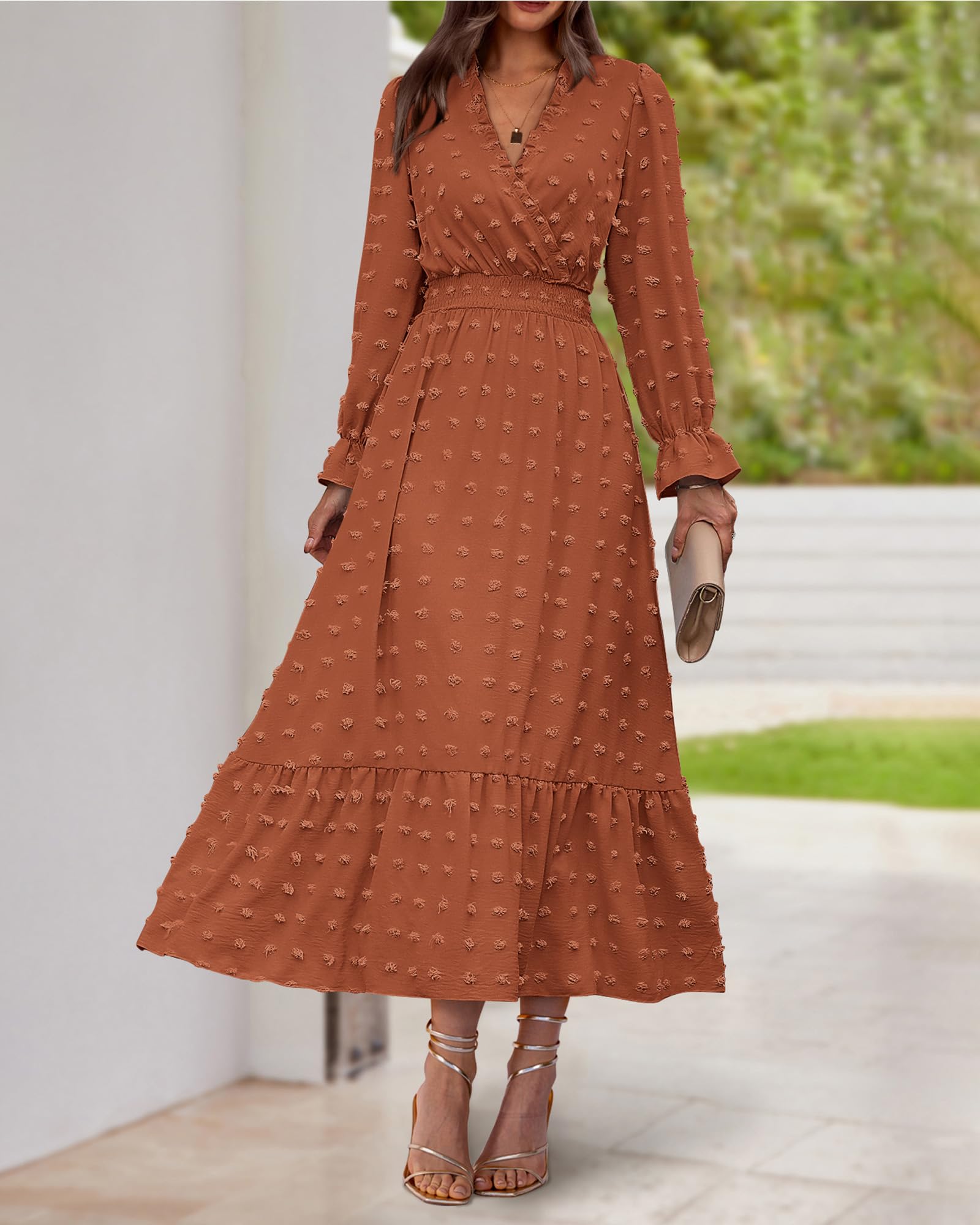 BTFBM Women Fall Dresses 2023 Long Sleeve V Neck Swiss Dots Maxi Dress Boho Long Dress High Waisted A-Line Ruffle Dress(Solid Orange,Small)