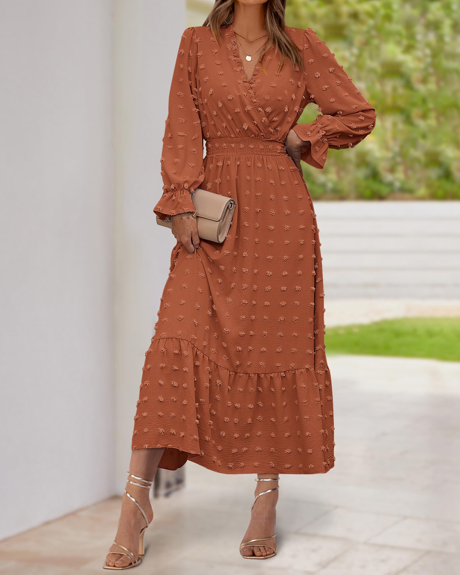 BTFBM Women Fall Dresses 2023 Long Sleeve V Neck Swiss Dots Maxi Dress Boho Long Dress High Waisted A-Line Ruffle Dress(Solid Orange,Small)