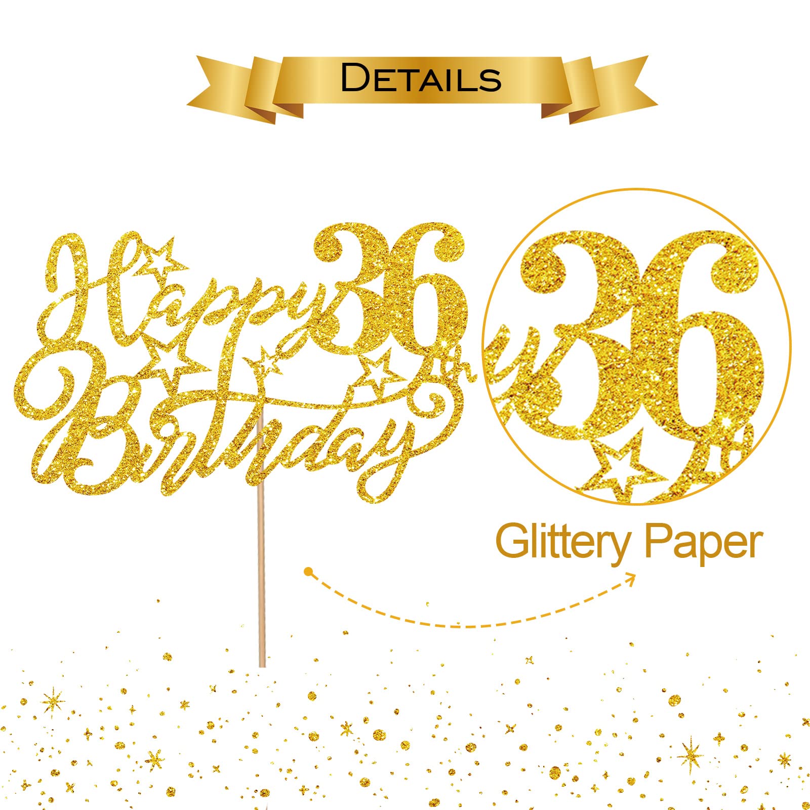 Happy 36th Birthday Cake Topper, 36th Anniversary Party Supplies, 36 Years Old Birthday Party Decoration - Gold Glitter