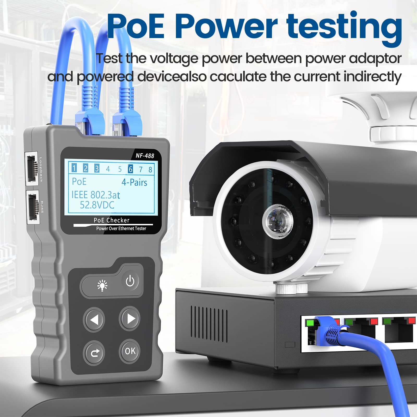 RJ45 Network Cable Tester, VXSCAN Multifunction Poe Ethernet Cable Tester Kit for CAT5e/CAT6/CAT6a, Network Cable Continuity Tester DC Power & Switch Loop-Back Test Poe Checker