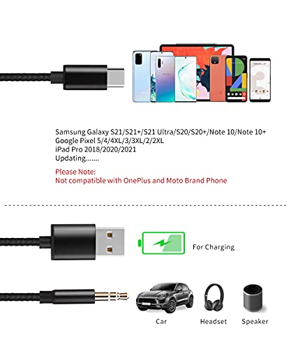 USB C to 3.5mm Aux Cable, 2 in 1 USB C to 3.5mm Car Stereo Aux Headphone Jack Cable with USB C Charging Compatible with Samsung Galaxy S23/S22 Ultra/S21/S21FE/S20/Note 20, Pixel 7/7Pro/6/6Pro/5/4/3XL
