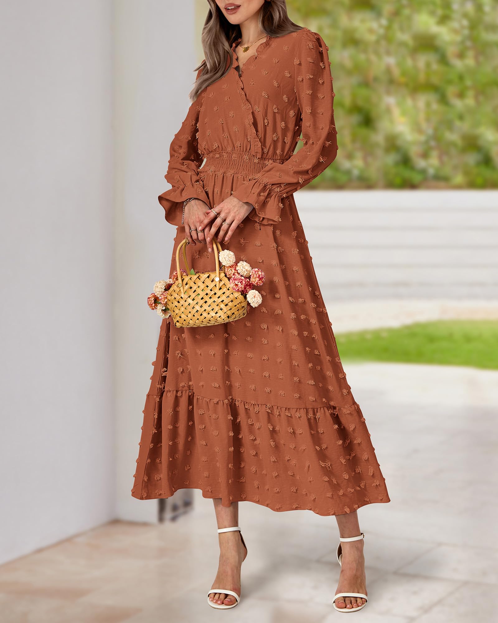 BTFBM Women Fall Dresses 2023 Long Sleeve V Neck Swiss Dots Maxi Dress Boho Long Dress High Waisted A-Line Ruffle Dress(Solid Orange,Small)