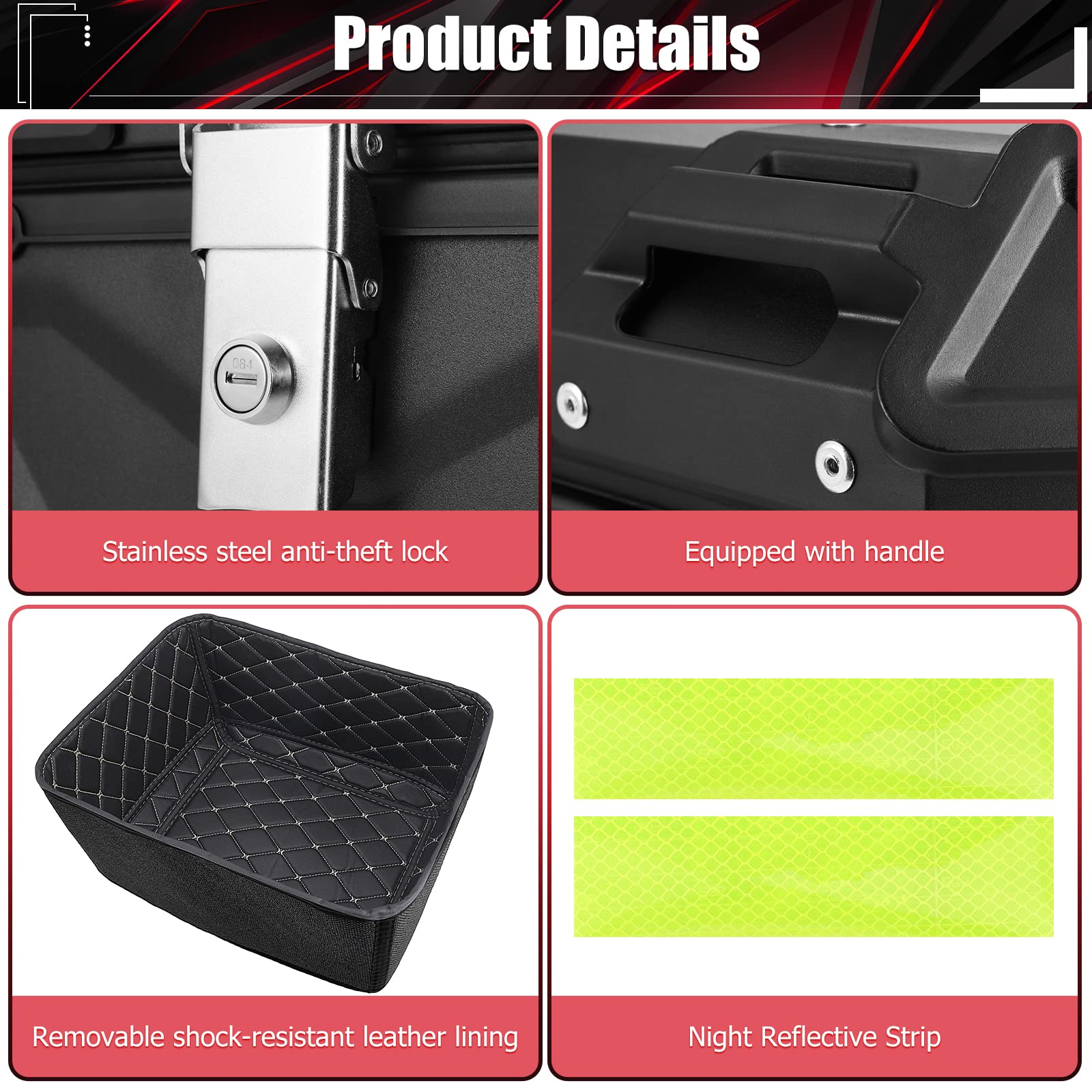 FANCYTIMES 55L Motorcycle Top Case,Aluminum Motorcycle Trunk Waterproof Tour Tail Box with Security Lock for Store Helmet Large Luggage