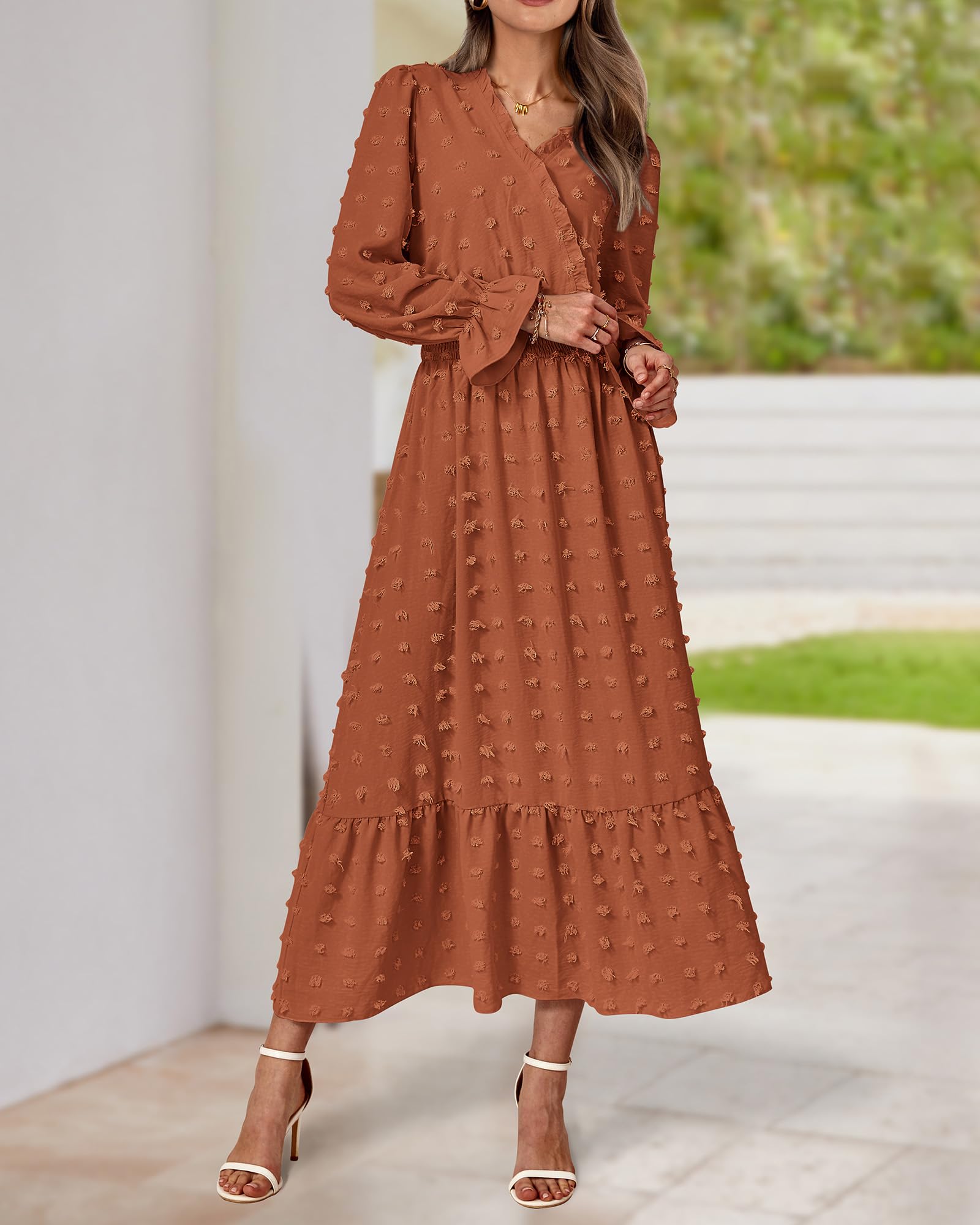 BTFBM Women Fall Dresses 2023 Long Sleeve V Neck Swiss Dots Maxi Dress Boho Long Dress High Waisted A-Line Ruffle Dress(Solid Orange,Small)