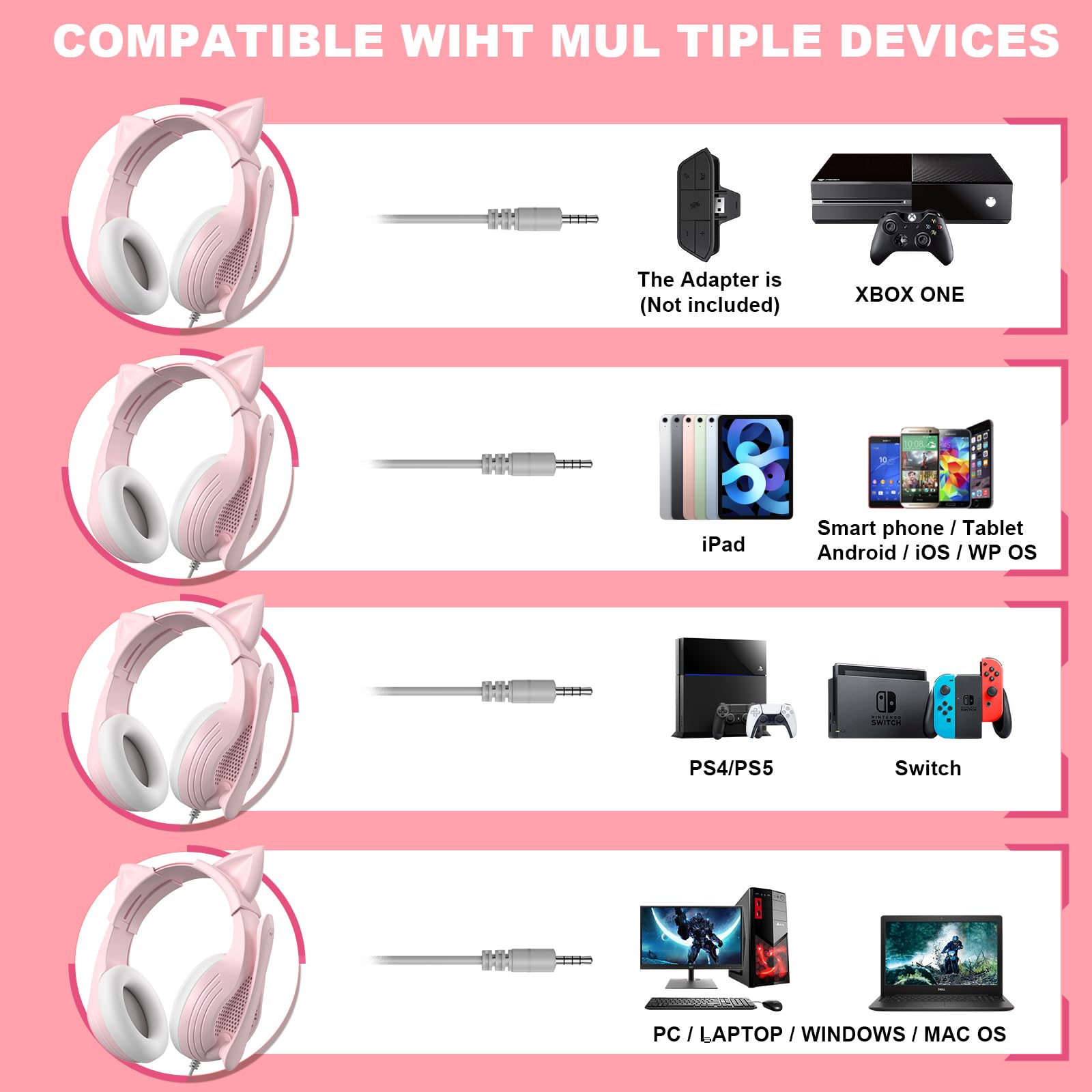 Mokochy Gaming Headsets with Mic Noise Cancelling Headphone Pink with Cat Ears Girly Headset with Microphone Wired 3.5mm Headphones for PC/Mac Headphones