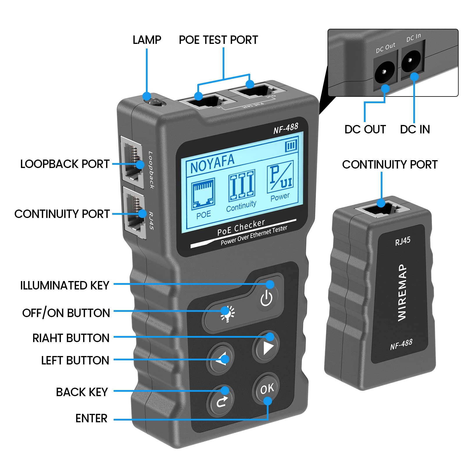RJ45 Network Cable Tester, VXSCAN Multifunction Poe Ethernet Cable Tester Kit for CAT5e/CAT6/CAT6a, Network Cable Continuity Tester DC Power & Switch Loop-Back Test Poe Checker