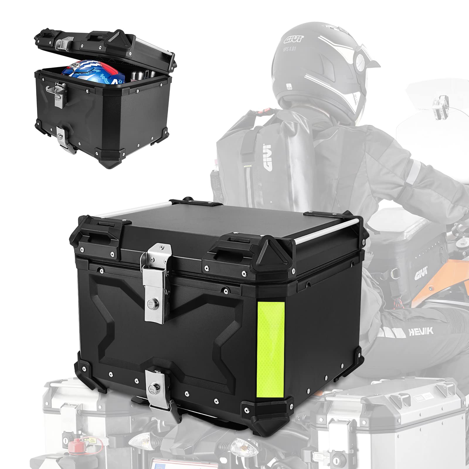 FANCYTIMES 55L Motorcycle Top Case,Aluminum Motorcycle Trunk Waterproof Tour Tail Box with Security Lock for Store Helmet Large Luggage