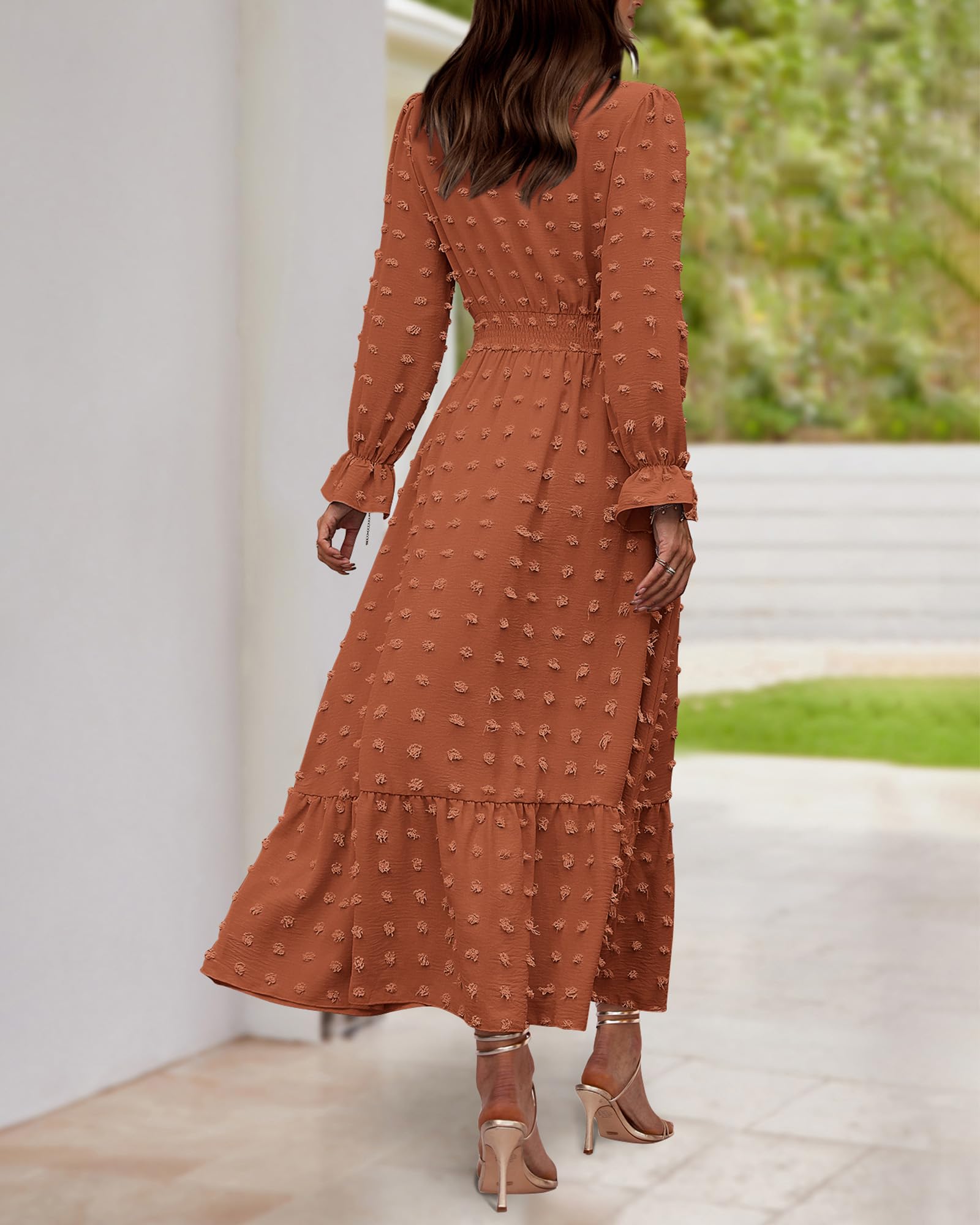 BTFBM Women Fall Dresses 2023 Long Sleeve V Neck Swiss Dots Maxi Dress Boho Long Dress High Waisted A-Line Ruffle Dress(Solid Orange,Small)
