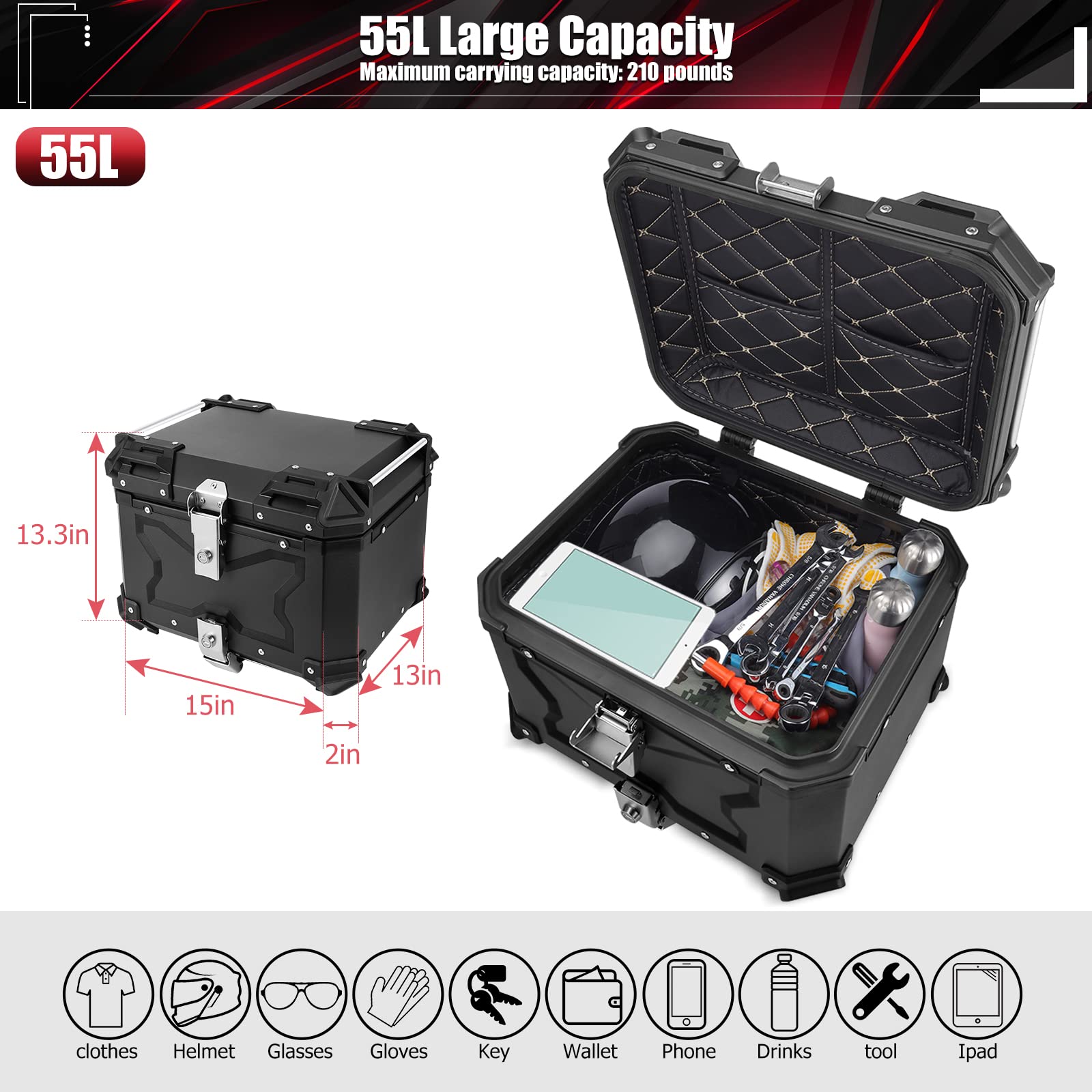 FANCYTIMES 55L Motorcycle Top Case,Aluminum Motorcycle Trunk Waterproof Tour Tail Box with Security Lock for Store Helmet Large Luggage