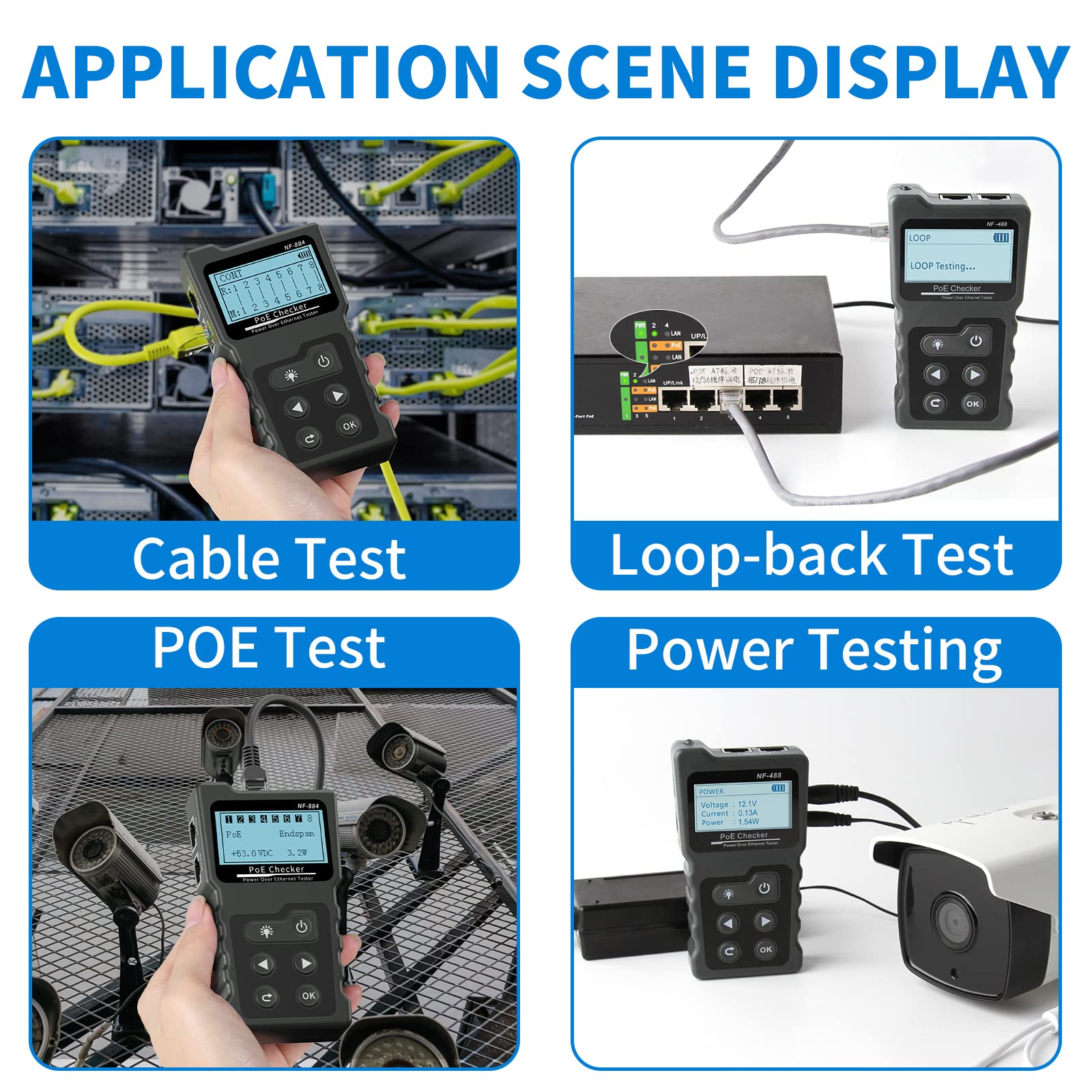 RJ45 Network Cable Tester, VXSCAN Multifunction Poe Ethernet Cable Tester Kit for CAT5e/CAT6/CAT6a, Network Cable Continuity Tester DC Power & Switch Loop-Back Test Poe Checker