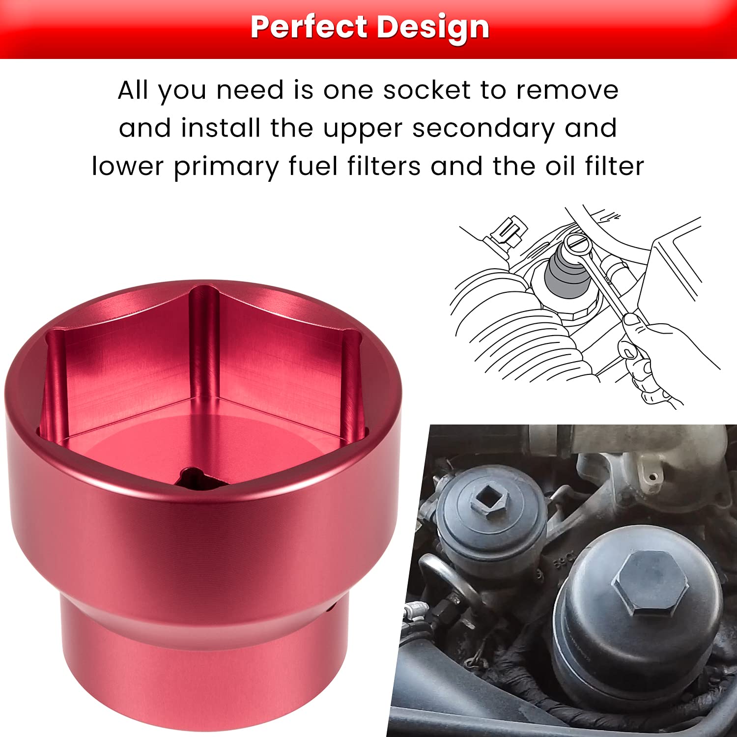 Fuel Filter/Oil Filter Socket 24mm / 36mm Reversible Fuel Filter Cap Remover and Installer Assistant for 2003-2010 6.0L / 6.4L Ford Powerstroke Diesel (Red)