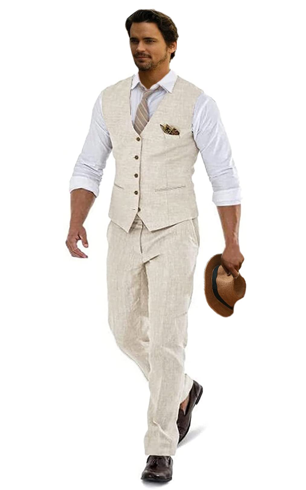 Furuyal Men Suit Casual Wedding Suits Linen Suits for Men 2 Piece Suits Groomsmen Tuxedos Summer Beach Prom Vest and Pants Set Beige-S