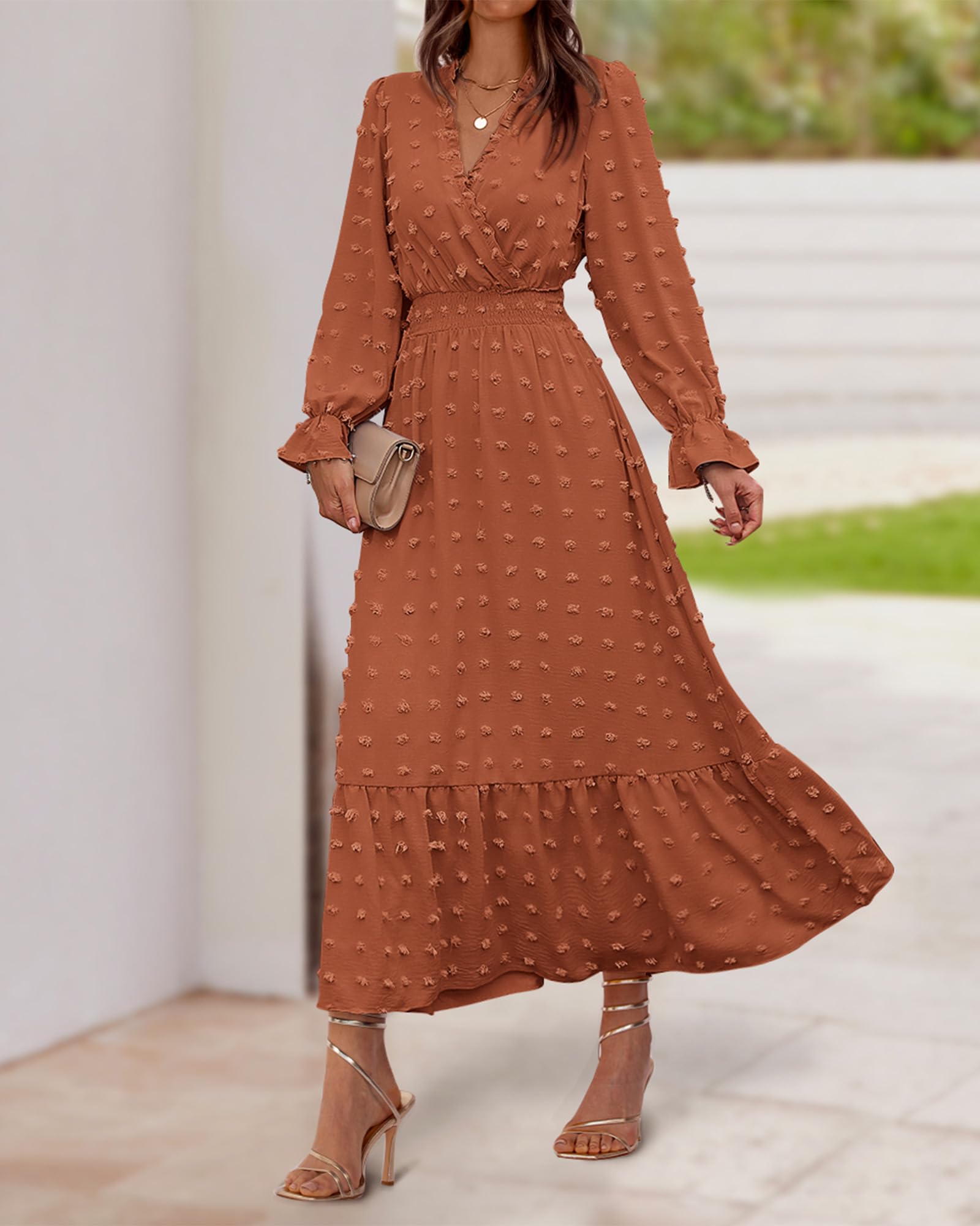 BTFBM Women Fall Dresses 2023 Long Sleeve V Neck Swiss Dots Maxi Dress Boho Long Dress High Waisted A-Line Ruffle Dress(Solid Orange,Small)