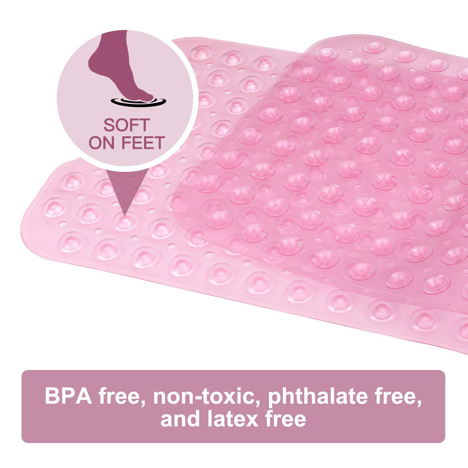 YINENN Bath and Shower Safety Mats 40x16 inch, Non Slip with Suction Cups for Bathroom Stall and Tub Floor, Extra Large and Machine Washable, Drain Holes Keep Bathtub Clean, Light Pink