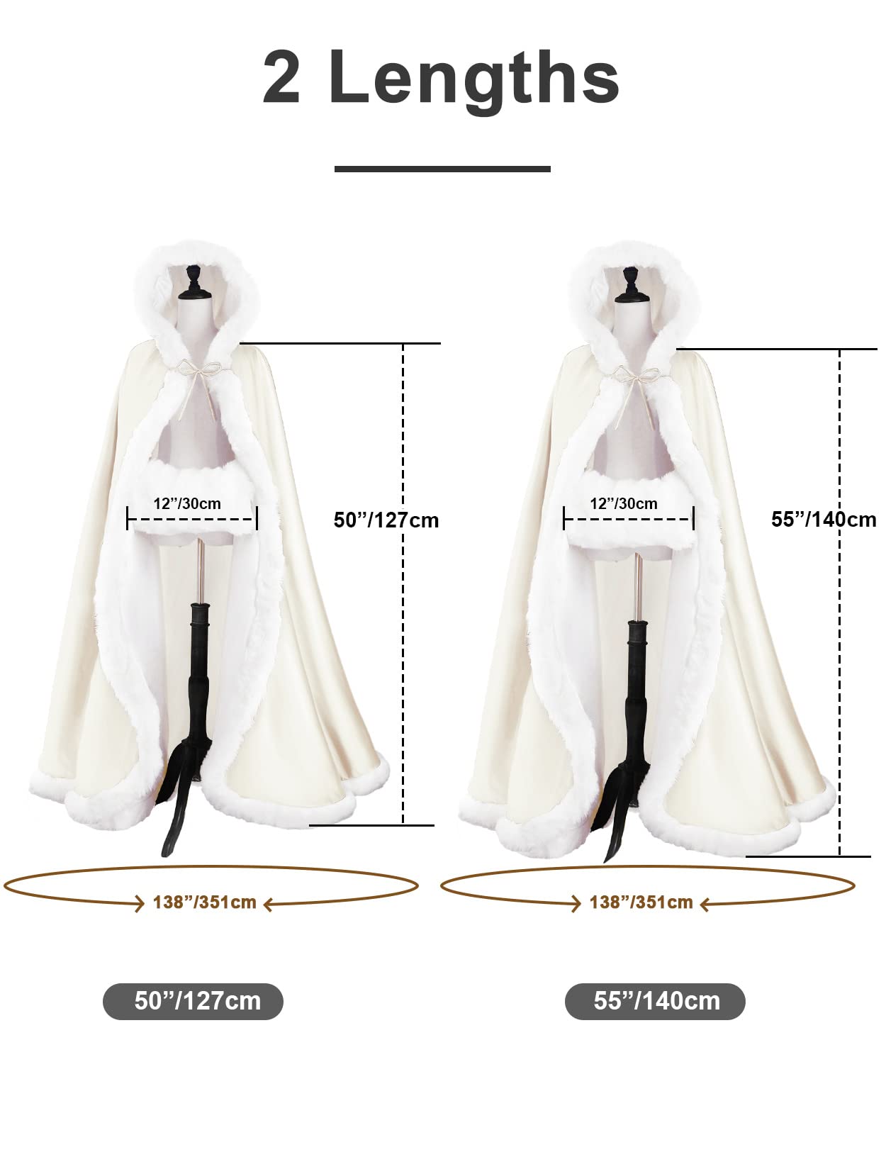 BEAUTELICATE Wedding Cape Hooded Cloak for Bride Winter Reversible with Fur Trim Free Hand Muff Length 50" Ivory