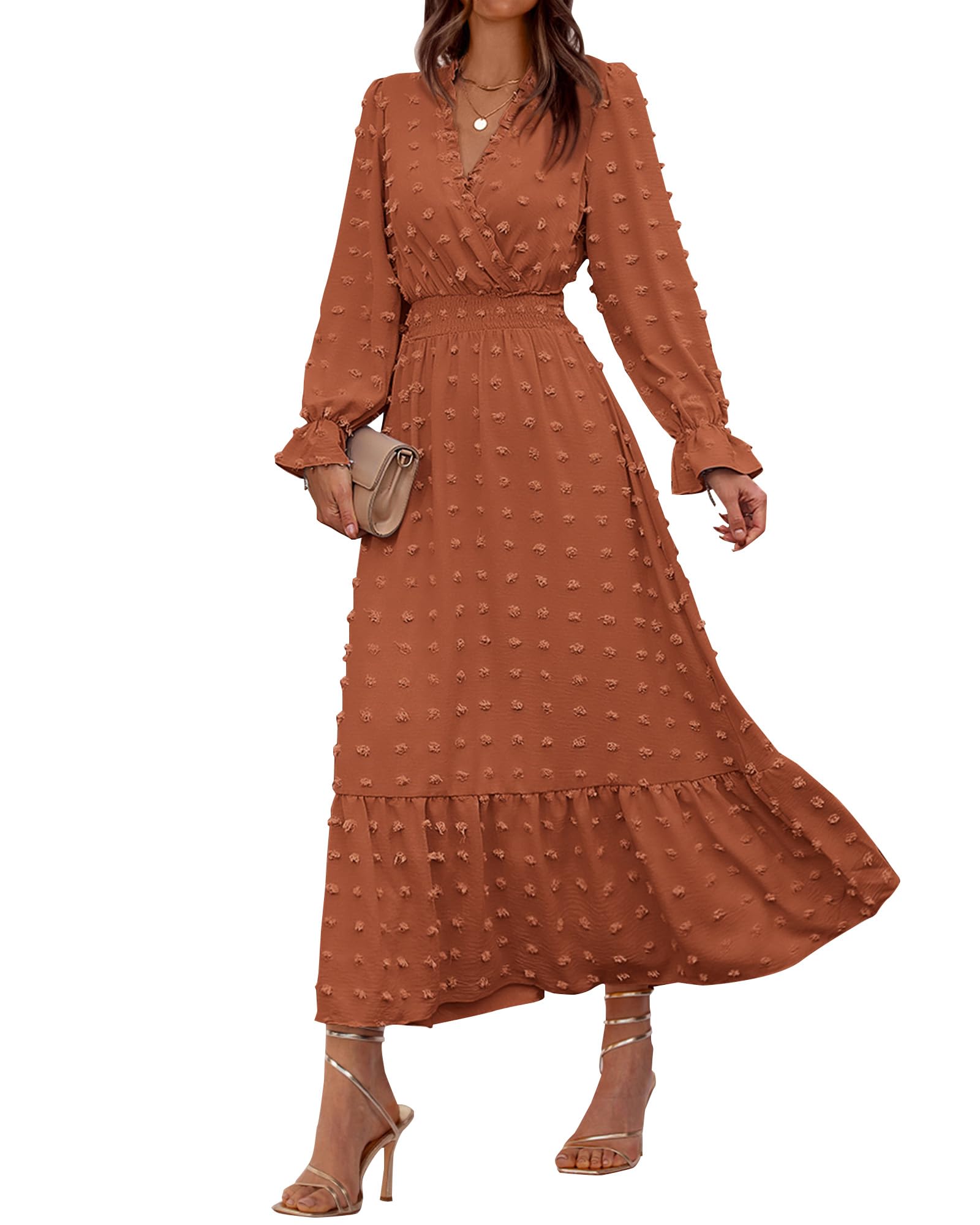 BTFBM Women Fall Dresses 2023 Long Sleeve V Neck Swiss Dots Maxi Dress Boho Long Dress High Waisted A-Line Ruffle Dress(Solid Orange,Small)