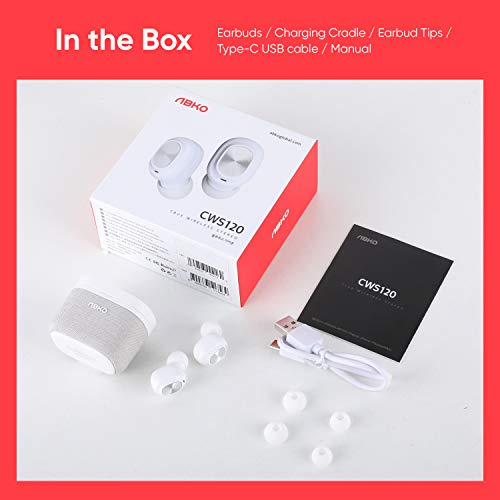 ABKO True Wireless Earbuds with Fabric Cradle Ultra Lightweight Compact Auto Pairing Bluetooth in-Ear Headphones USB-C Charging IPX4 Waterproof CWS120 White