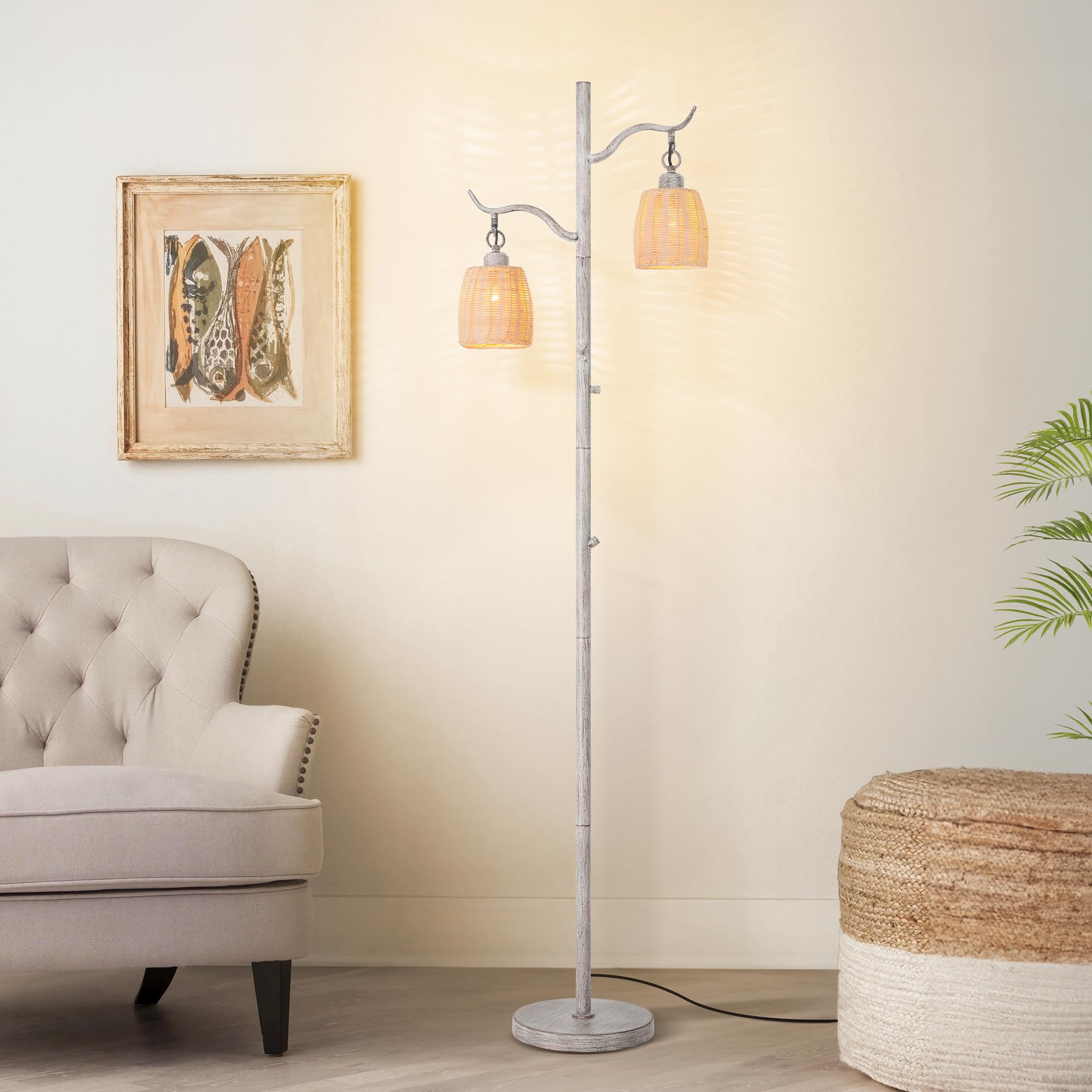 LEDAIRY Farmhouse Rustic Country Cottage Floor Lamp, Dimmable Boho Floor Lamp, Tree Trunk Faux Wood Column Standing Lamp with Wicker Drum Shade, White Washed