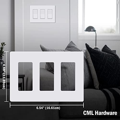 CML 3-Gang Screwless Decorator Wall Plate, 2 Pack Light Switch Covers, Outlet Receptacle Cover, Hidden Screw Smooth Face, Impact Resistant, Standard Size 4.68βX 6.54β, Glossy White
