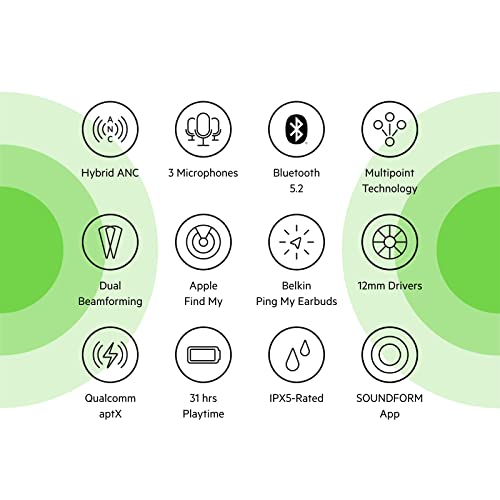 Belkin SOUNDFORM Immerse Noise Cancelling Earbuds, True Wireless Earbuds with Hybrid ANC, Wireless Charging, IPX5 Sweat and Water Resistant, Apple Find My for iPhone, Galaxy, Pixel and More - White