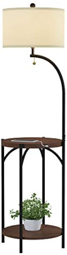 MDYBF Floor Lamp with Table, Modern Rustic Side Table with USB Charging Port, LED Bulb and Drum Shade. (Dark Brown, Black and Off-White)