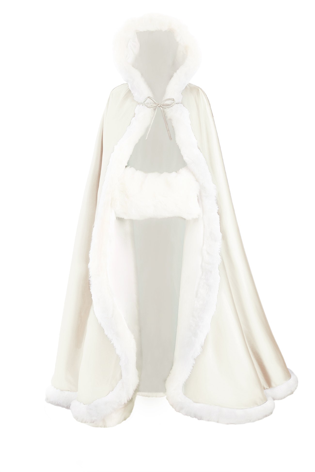 BEAUTELICATE Wedding Cape Hooded Cloak for Bride Winter Reversible with Fur Trim Free Hand Muff Length 50" Ivory