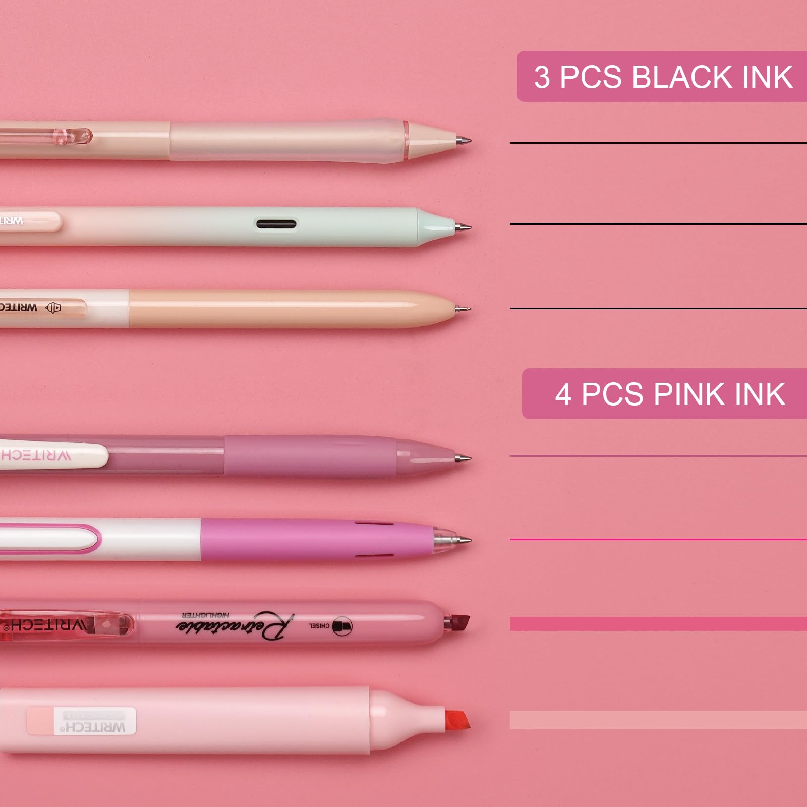 WRITECH Gel Pens Journaling Highlighters: Journal Set Aesthetic Assorted Pastel Color Ink 0.5mm Fine Point Retractable 0.7mm Black Pen Smooth Writing Drawing No Bleed 7ct (Pink)